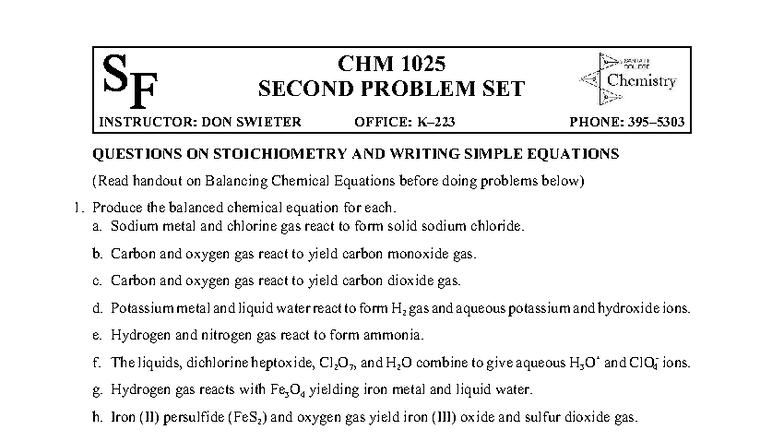 CHM 1025 Problem Set: Stoichiometry & Chemical Equations - Studocu