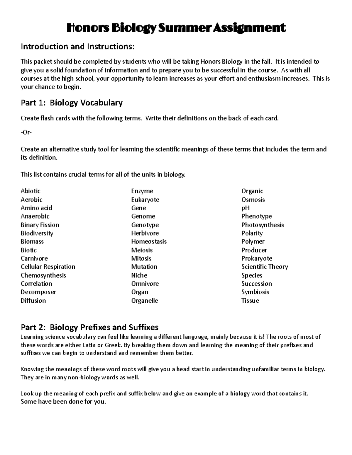 Honors Biology Summer Assignment 2024: Intro & Key Concepts - Studocu