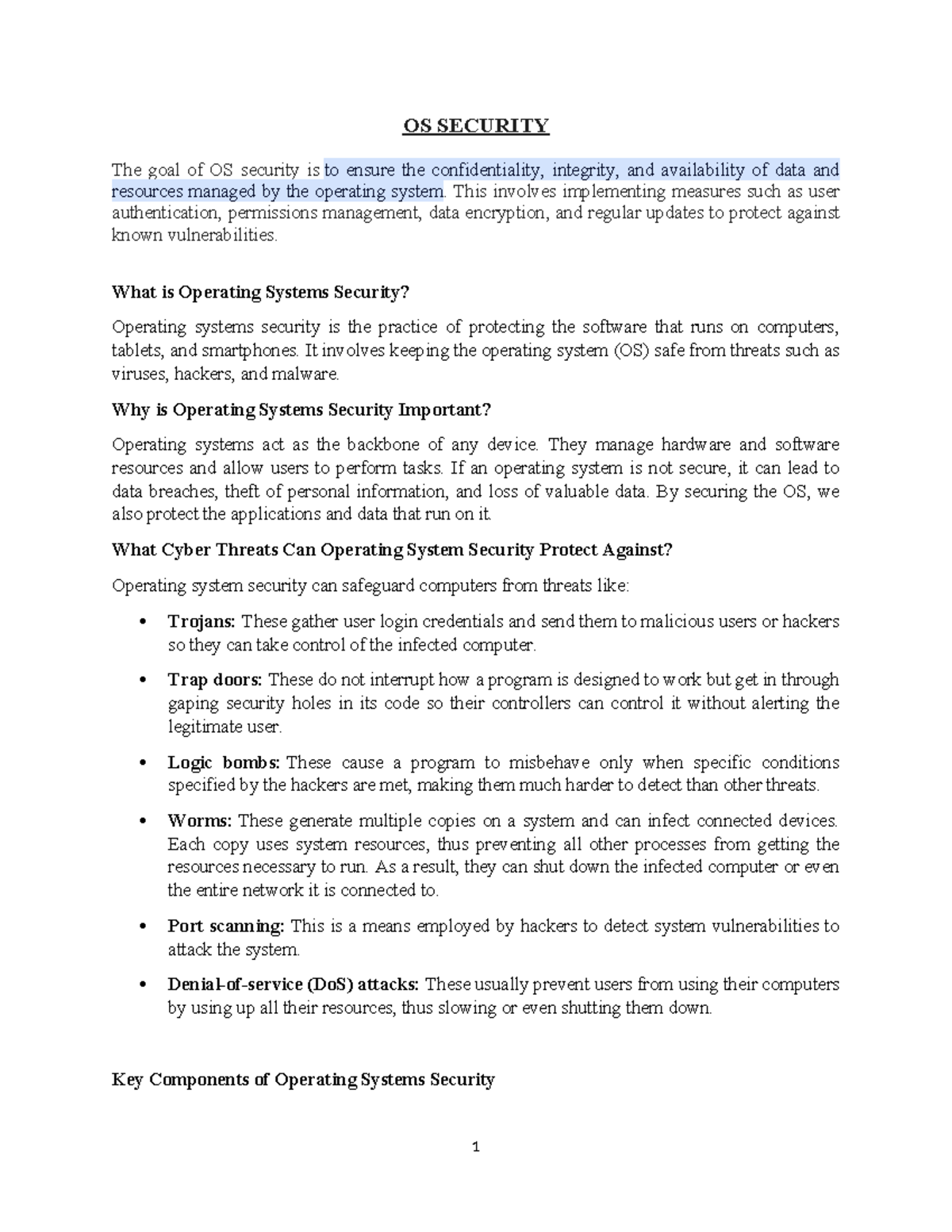 OS Security - Revision materials - OS SECURITY The goal of OS security ...