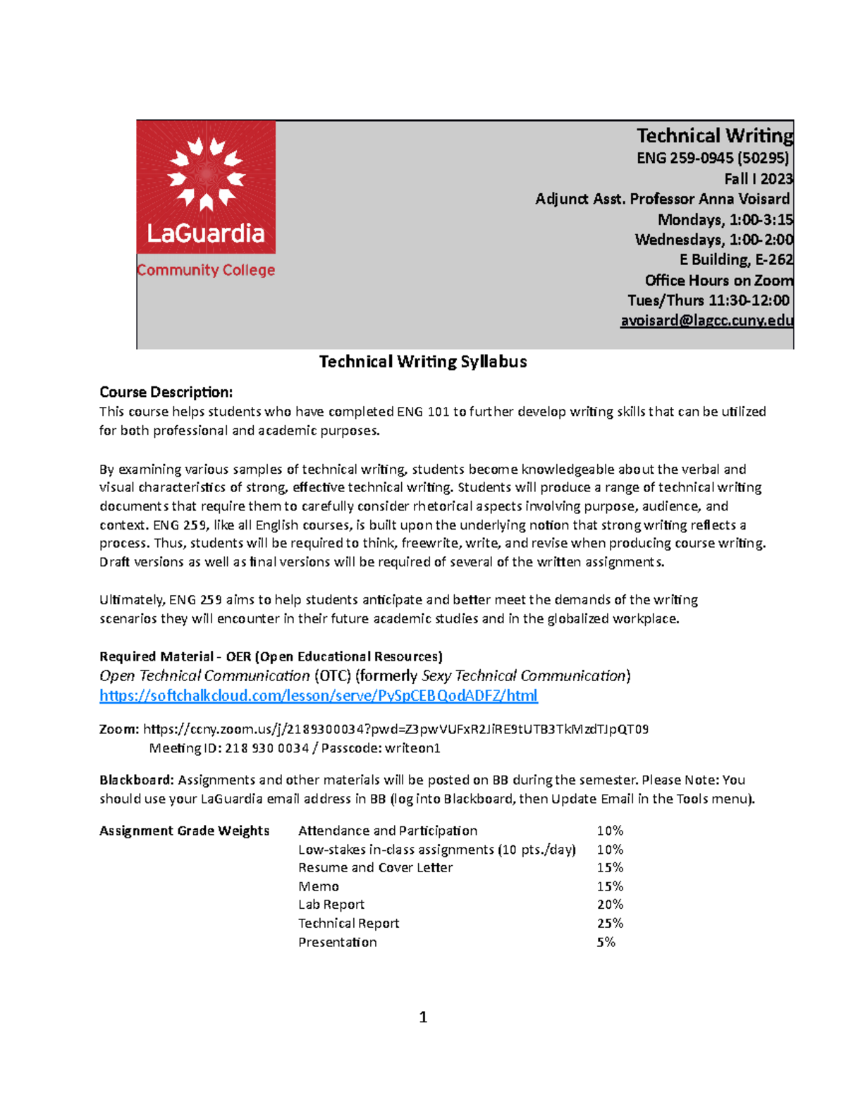 ENG 259 Technical Writing Syllabus - Fall I 2023 - Studocu