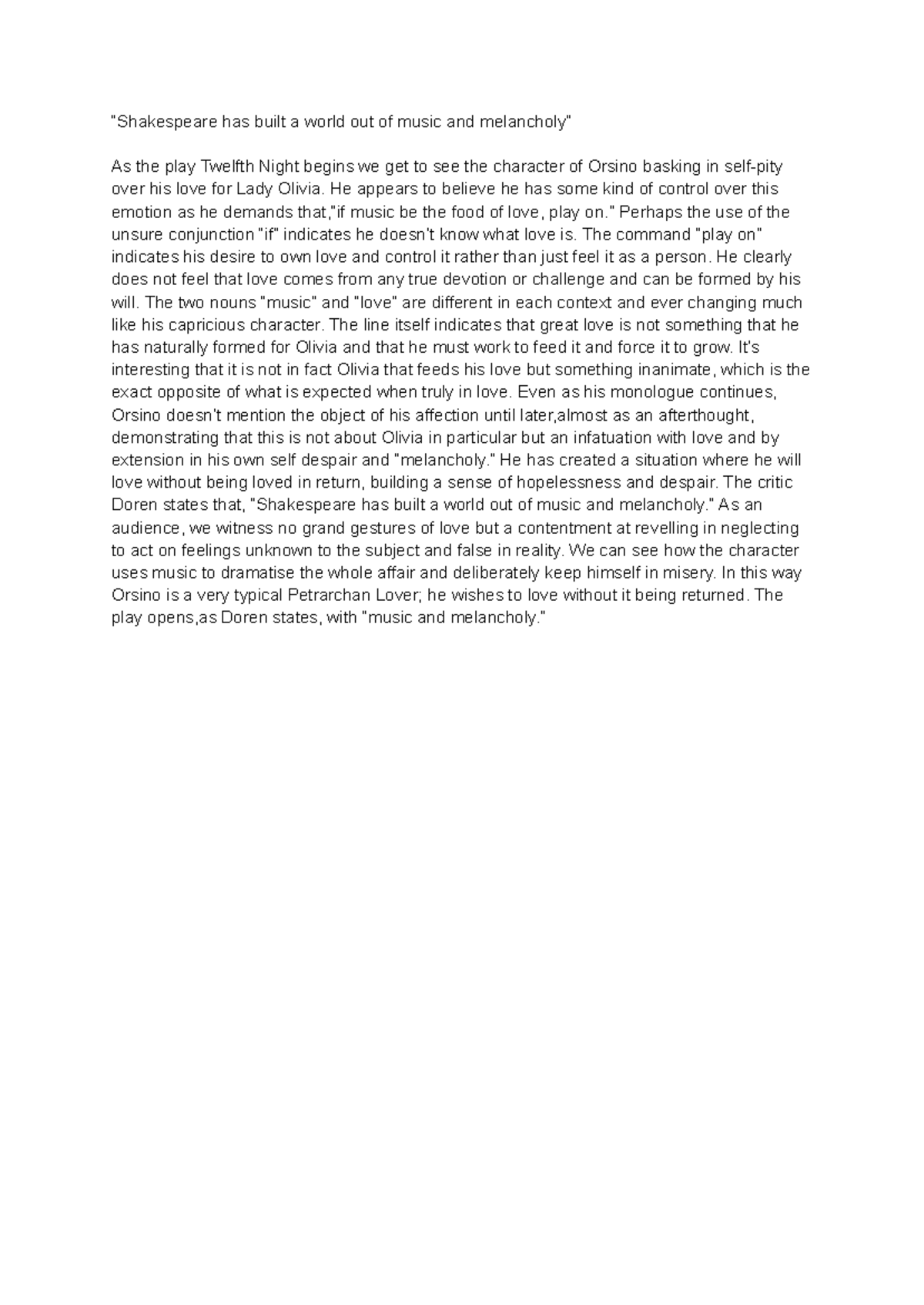 Twelfth Night (ENG 101) Opening Scene Analysis: Orsino's Love - Studocu
