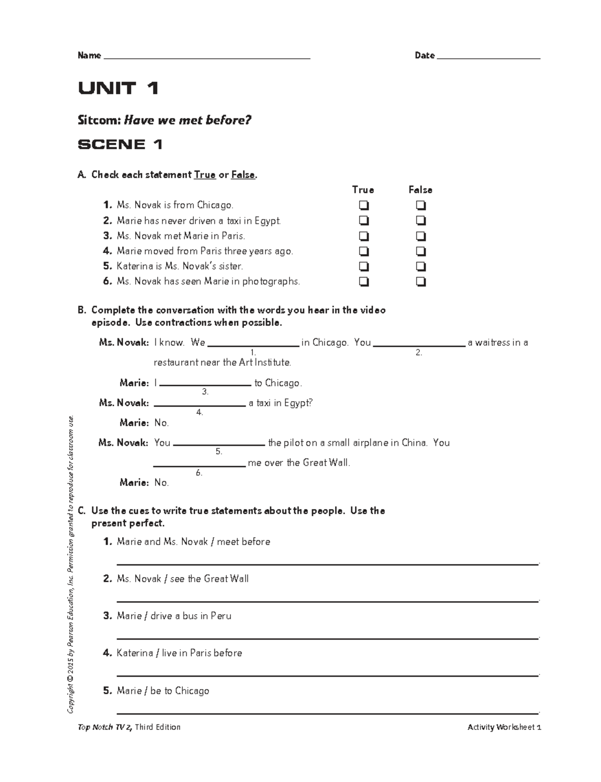 UNIT 01 TV Activity Worksheets: Sitcom Scene 1 Exercises - Studocu