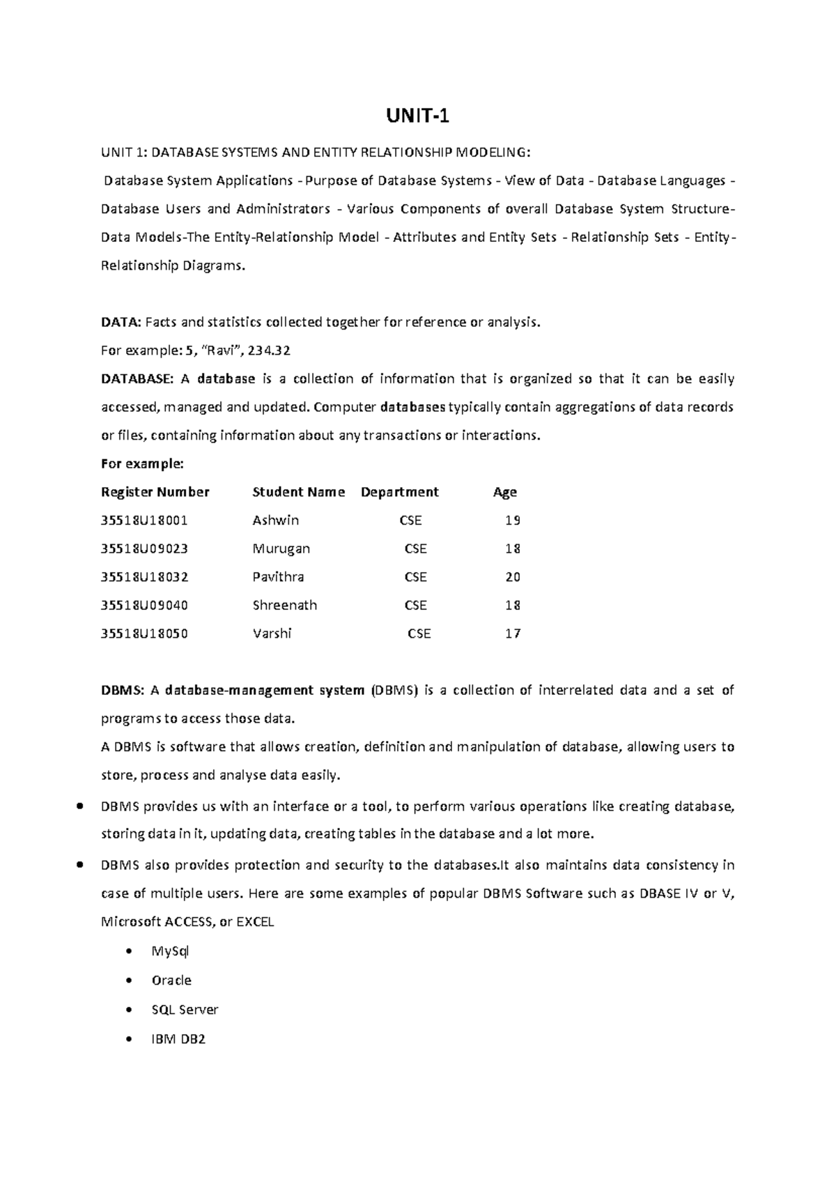 Unit 1: DBMS - Database Systems & ER Modeling Notes - Studocu