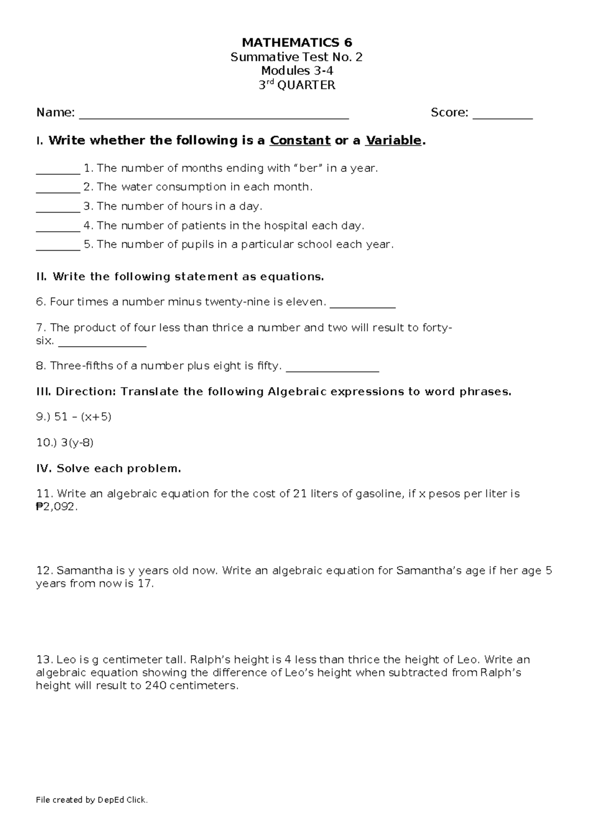 MATH 6 Summative Test No. 2 - Algebraic Expressions & Equations - Studocu