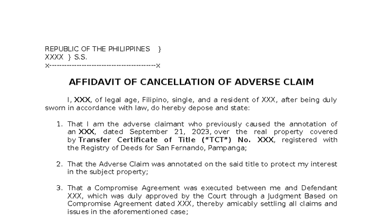 B- Affidavit of Cancellation of Adverse Claim in the Philippines - Studocu