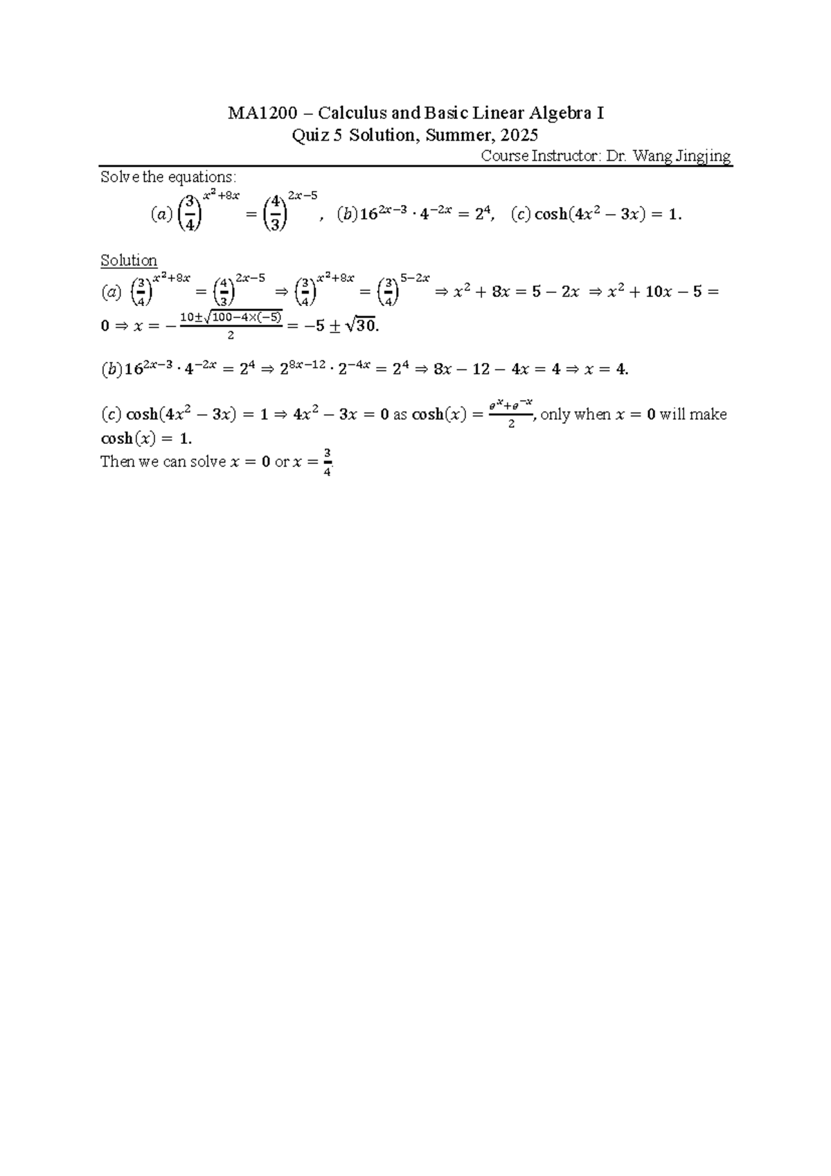 MA1200 Calculus and Linear Algebra I Quiz 5 Solutions, Summer 2025 ...