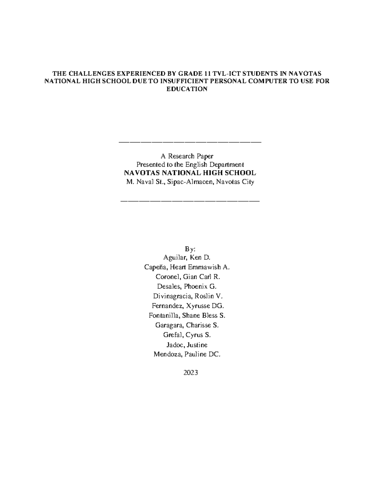 Final Research Paper: Challenges of Grade 11 TVL-ICT Students at NNHS ...