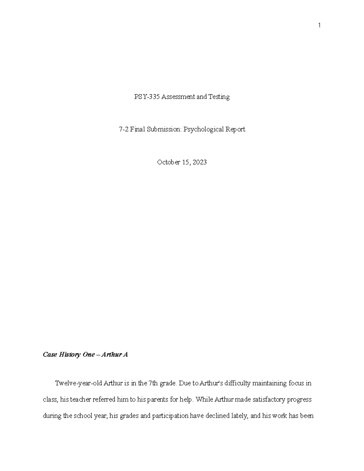 PSY-335 7-2 Final Submission Psychological Report - PSY-335 Assessment ...