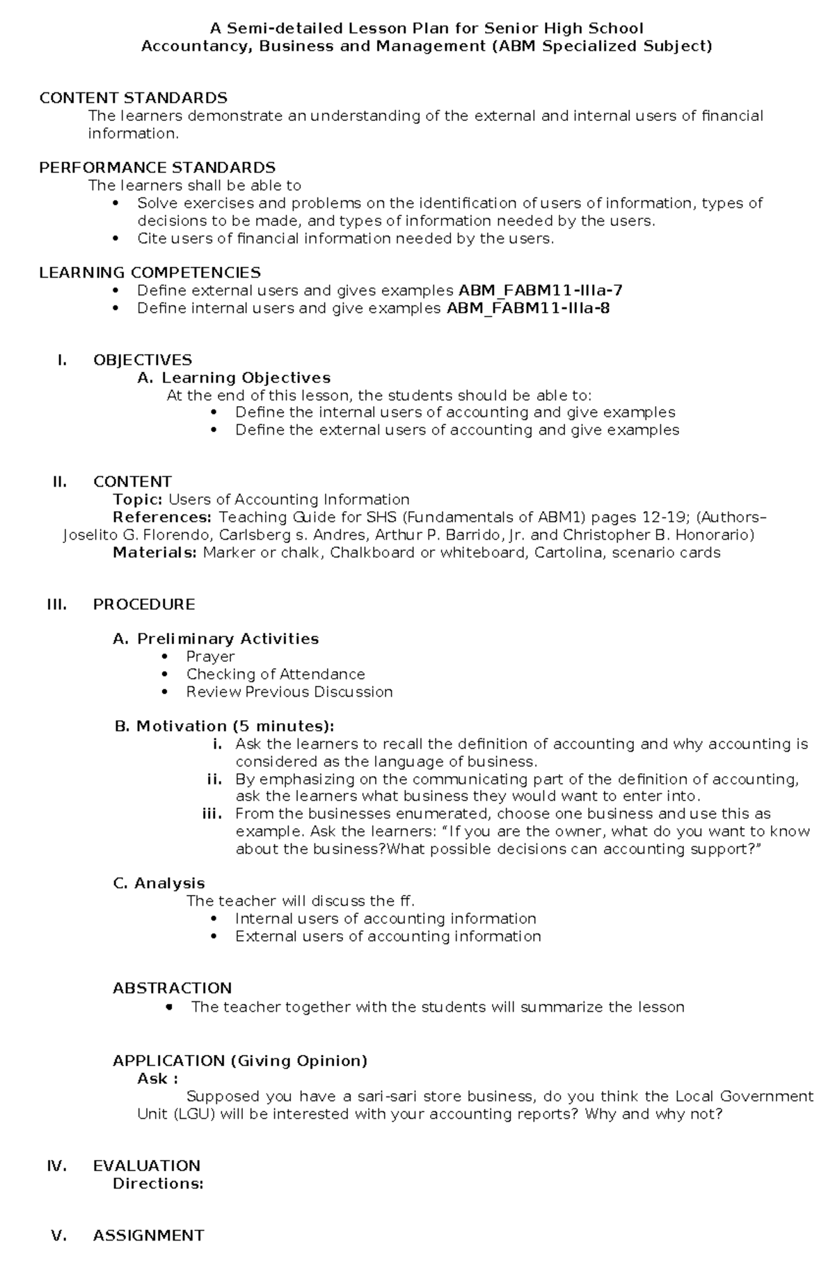 ABM Lesson Plan on Users of Accounting Info - ABM_FABM11-IIIa - Studocu