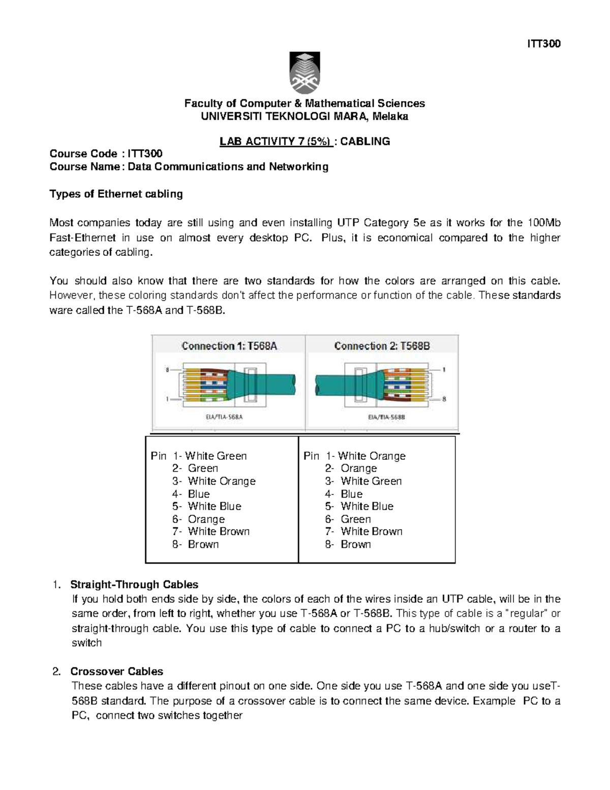 ITT300 Lab Activity 7: Ethernet Cabling Standards and Types - Studocu