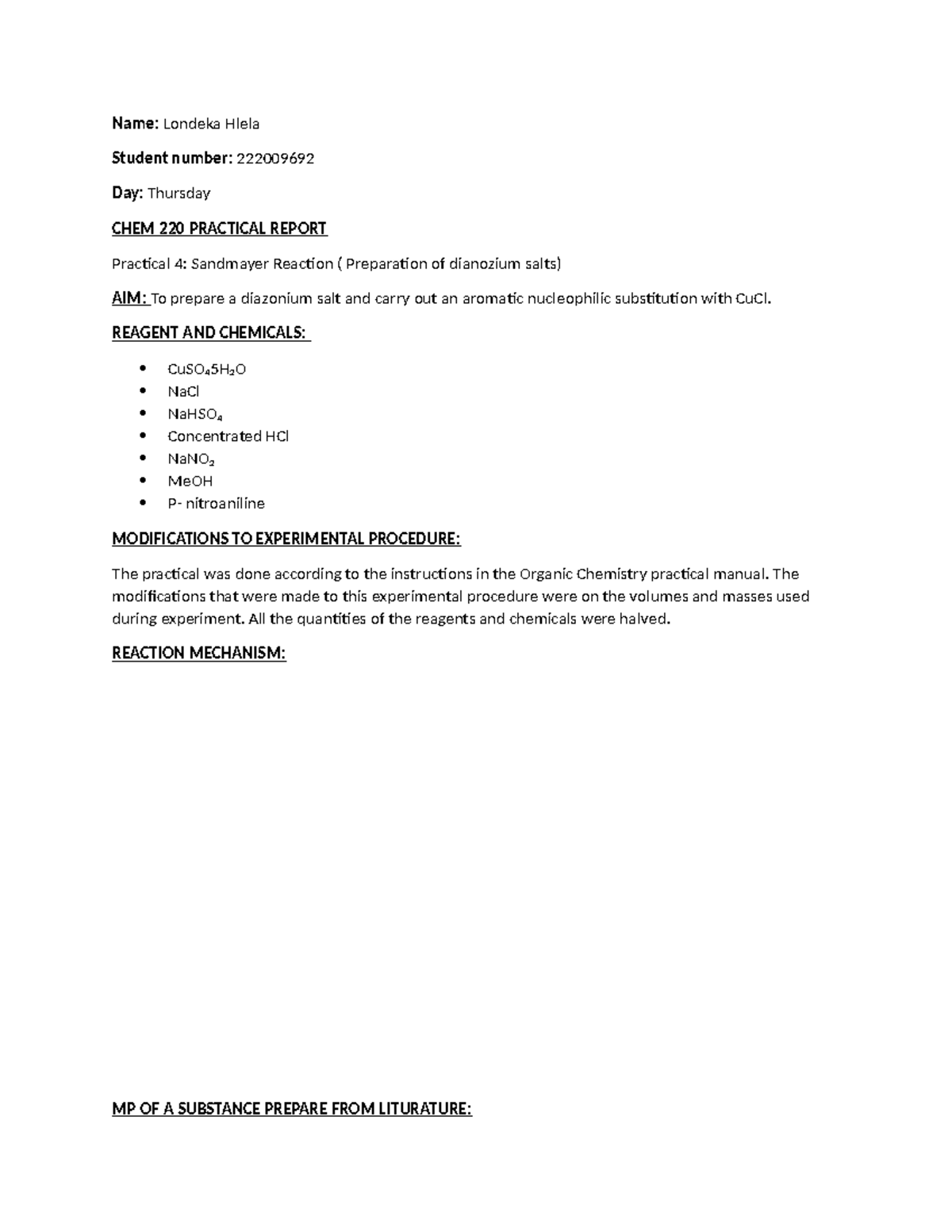 Chem 220 Practical Report 4: Sandmayer Reaction Insights - Studocu