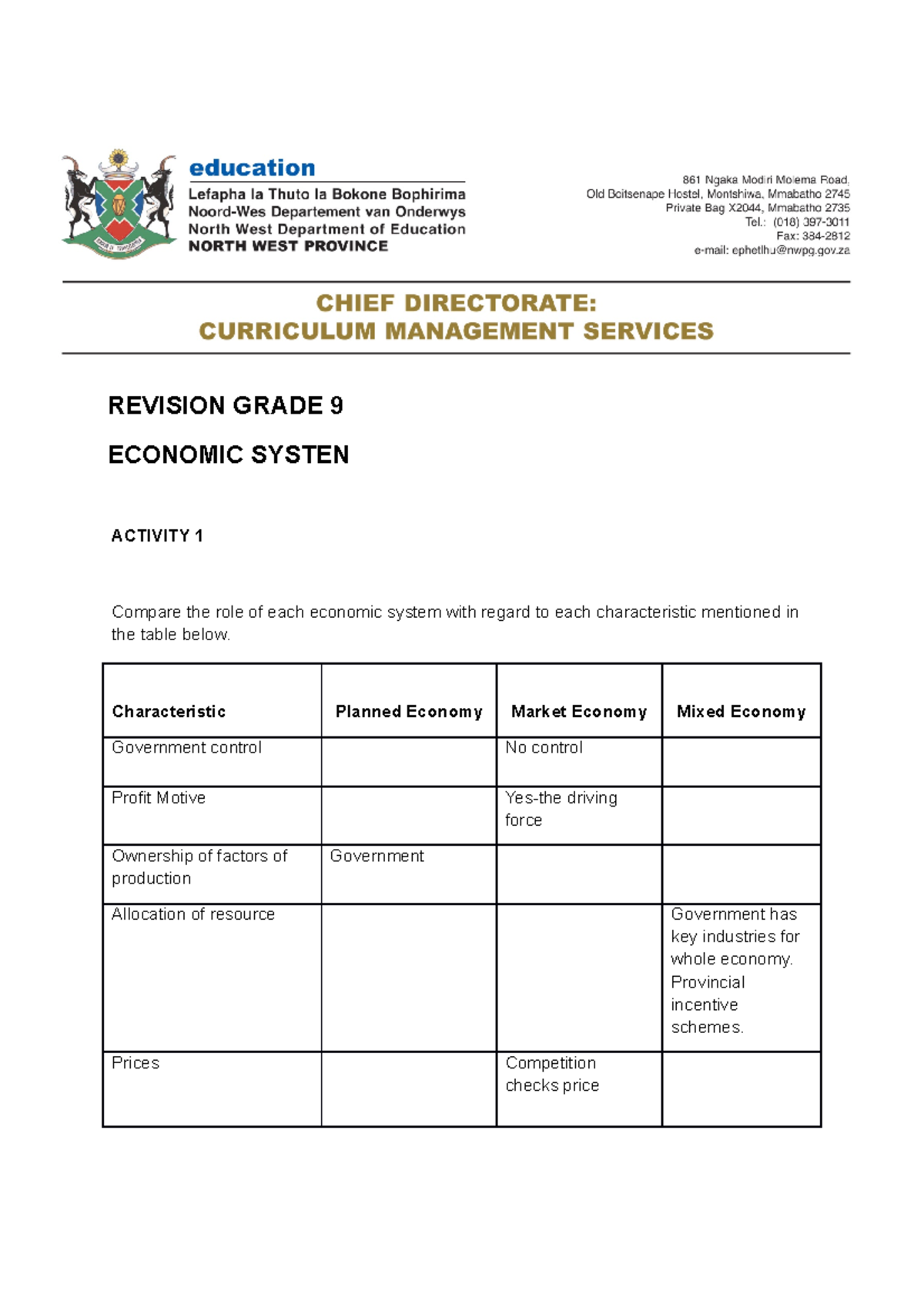 Economic System Revision Grade 9 - REVISION GRADE 9 ECONOMIC SYSTEN ...