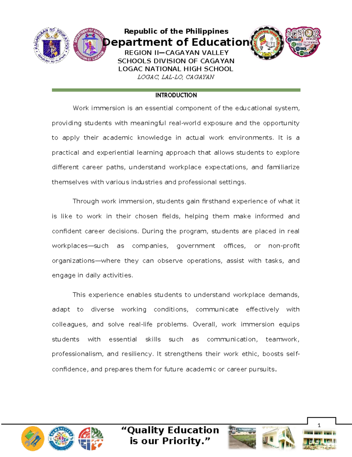 Work Immersion Experience: Insights and Reflections (EHRO 101) - Studocu