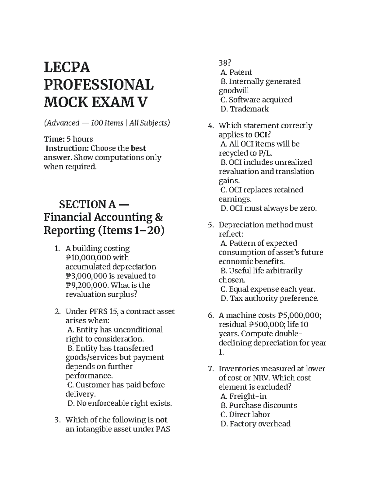 LECPA PROFESSIONAL MOCK EXAM V (Advanced 100 Items) Review Notes - Studocu