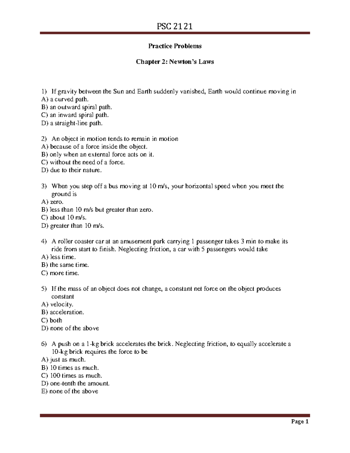 PSC 2121 Practice Problems: Chapter 2 - Newton's Laws - Studocu