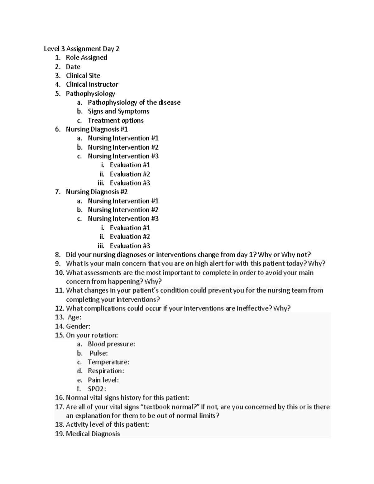 Level 3 Assignment Day 2 Clinical Assessment Nursing Interventions