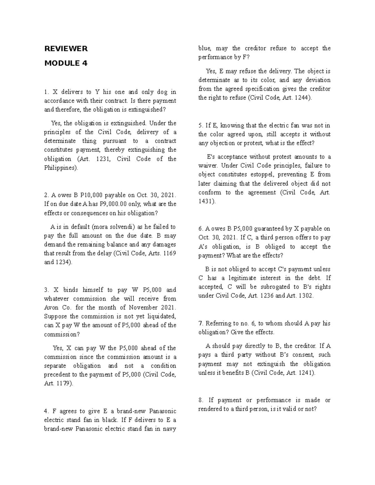 LAW - Module 4 Reviewer: Understanding Obligations and Payment - Studocu
