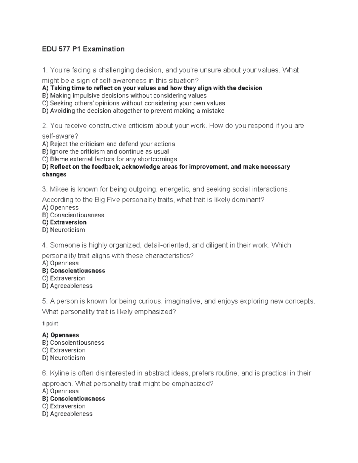 EDU 577 P1 Exam Reviewer: Self-Awareness & Personality Traits - Studocu