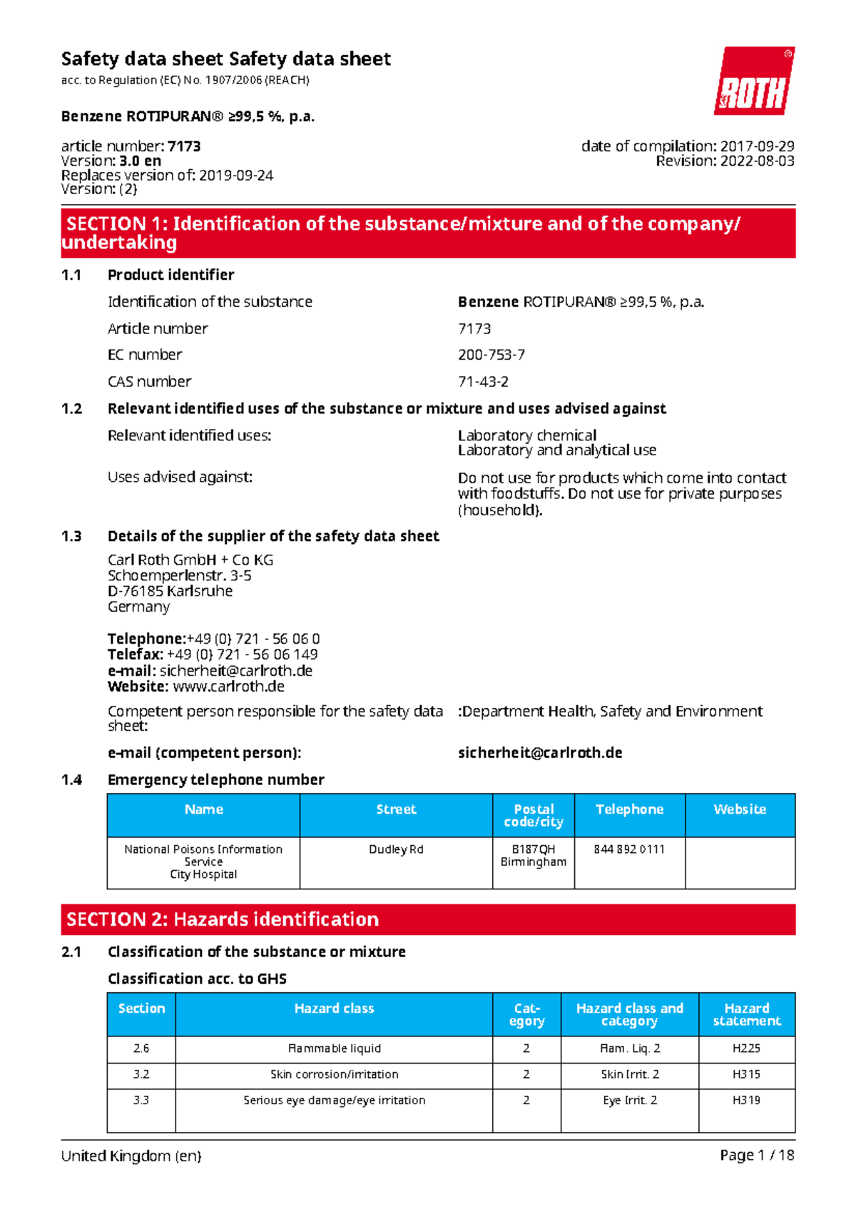 Benzene ROTIPURAN® Safety Data Sheet - SDB 7173 (Version 3.0) - Studocu