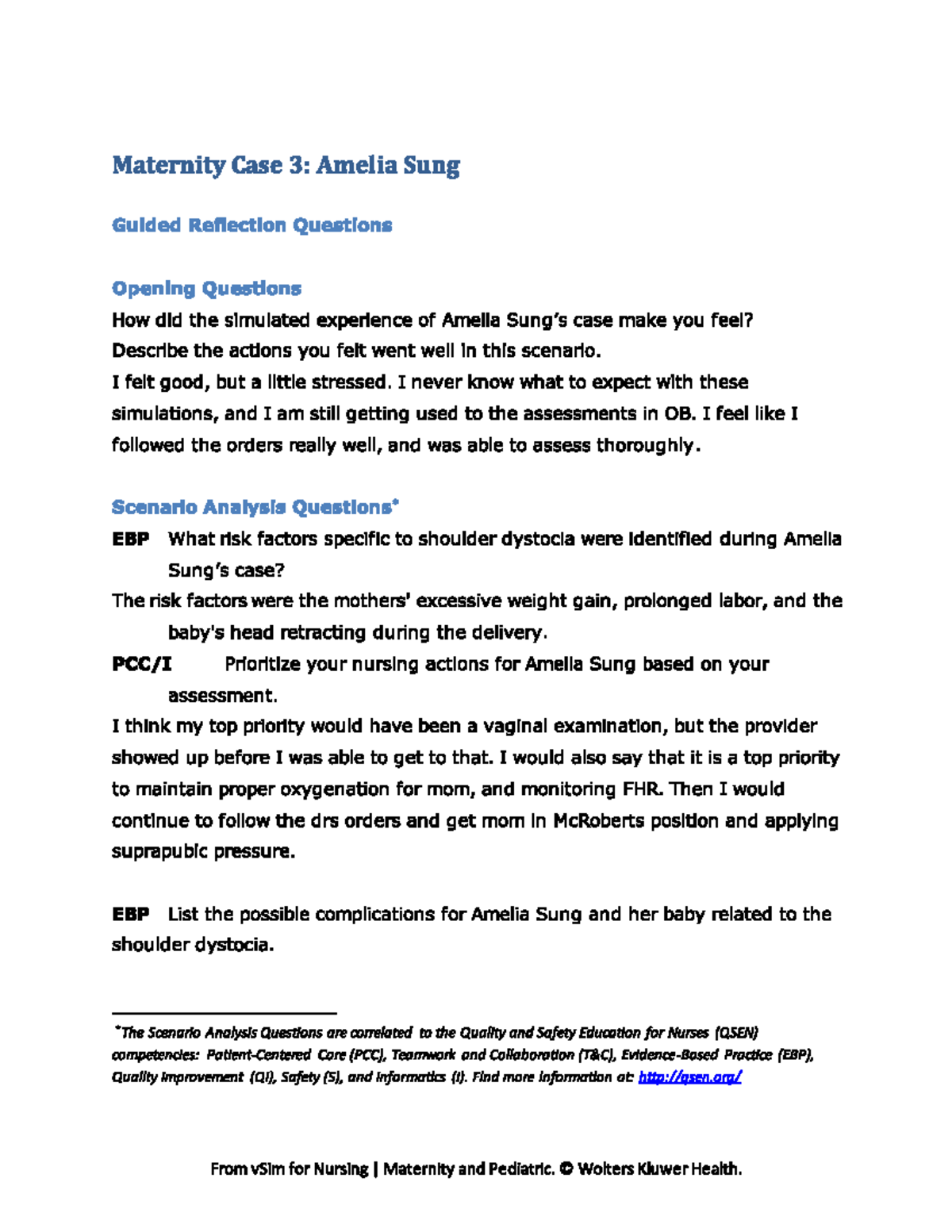 Amelia Sung Maternity Case Study Reflection Questions (OB) - Studocu