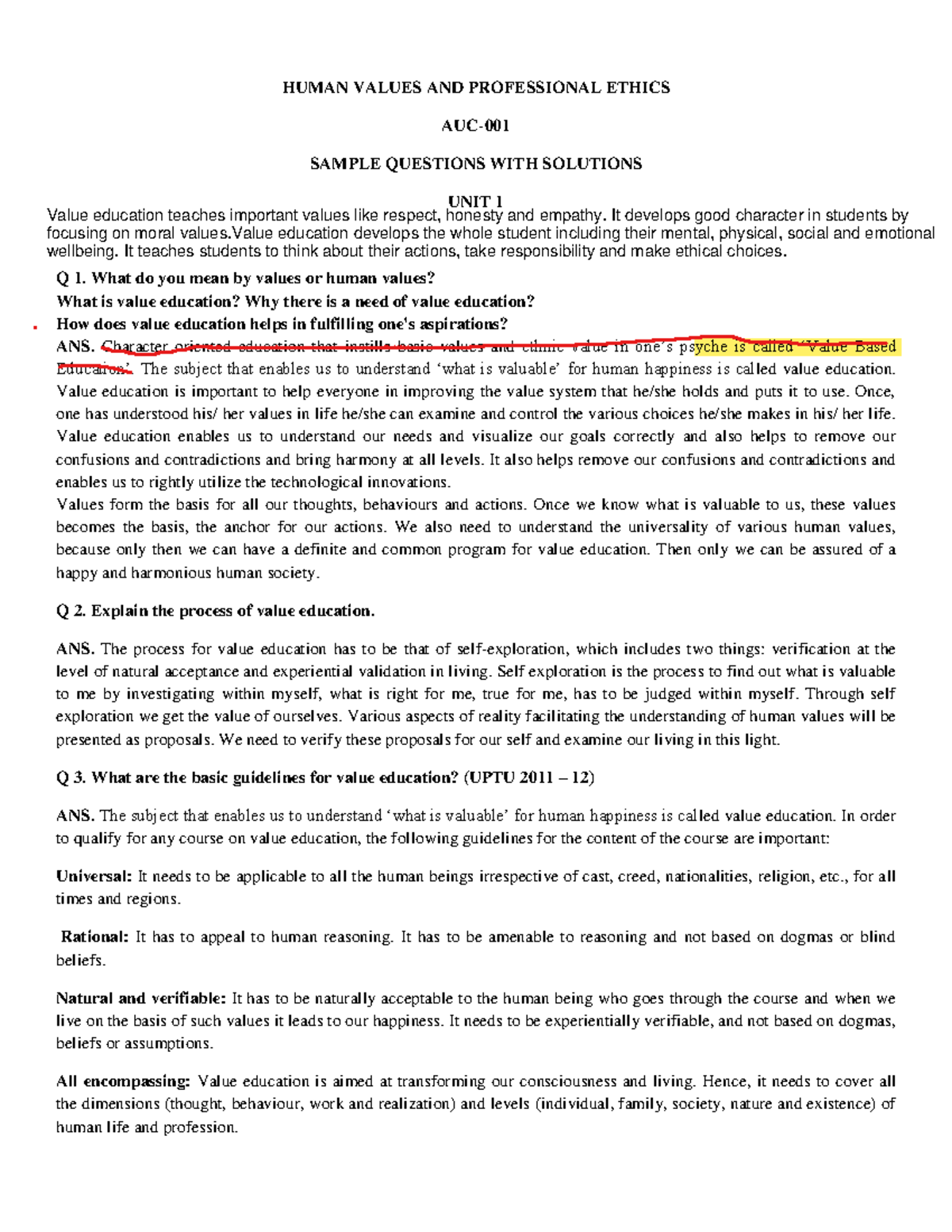 MCA-I HVPE Sample Questions with Solutions on Human Values and Ethics - Studocu