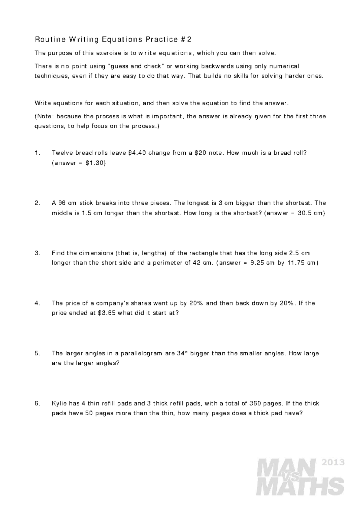 Writing Algebraic Equations Practice (MATH 101) - Studocu