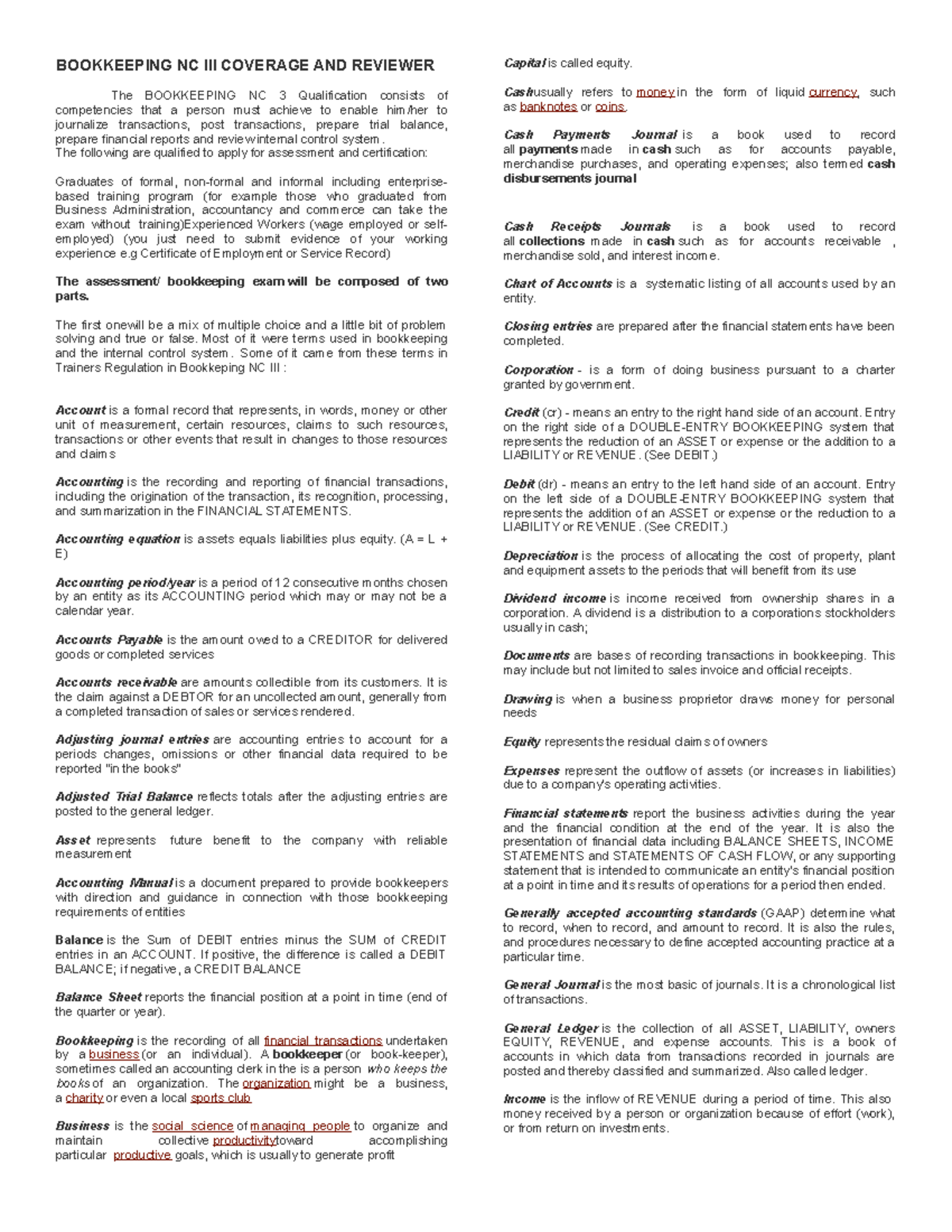 NC III Bookkeeping Reviewer - BOOKKEEPING NC III COVERAGE AND REVIEWER ...