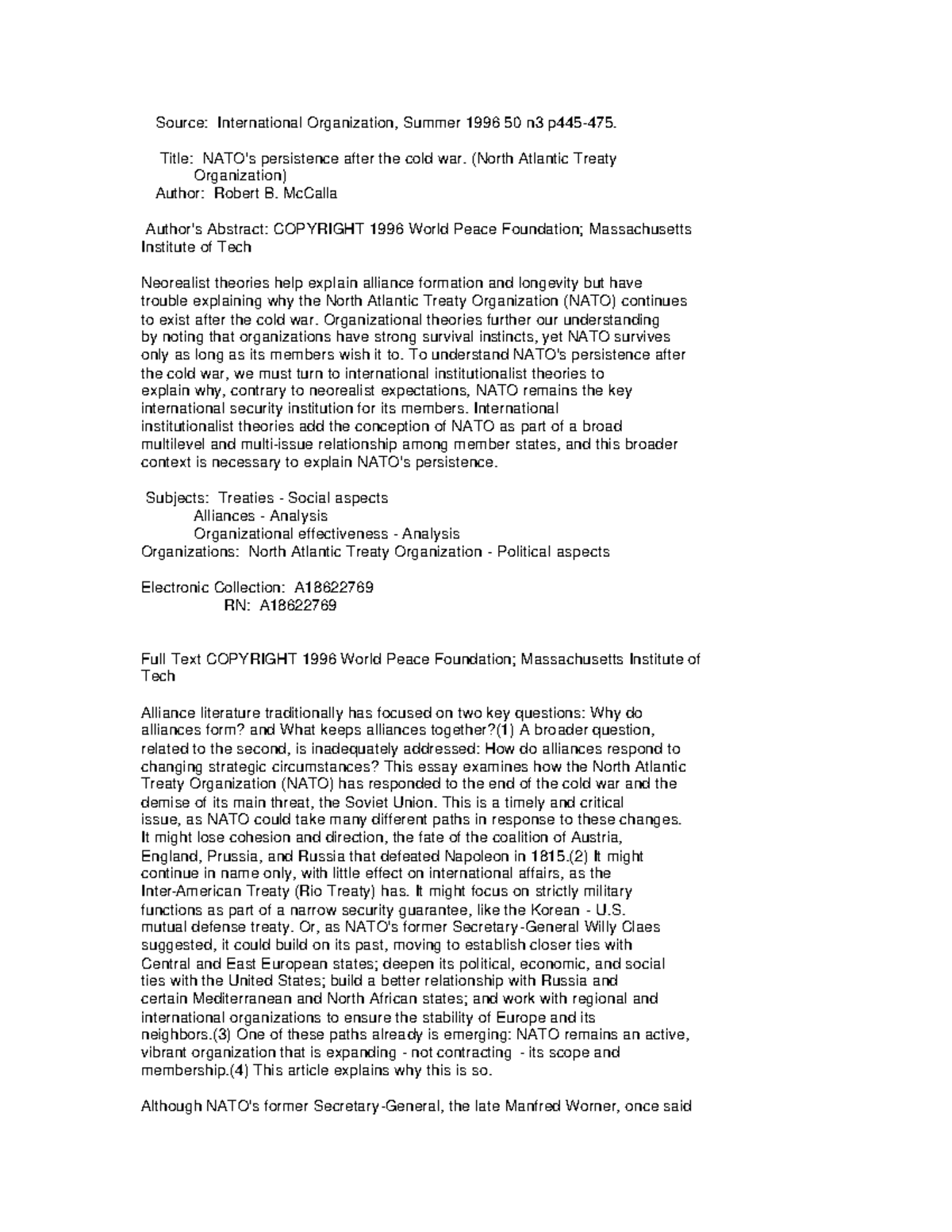 NATO's Persistence Post-Cold War: Analyzing Theories and Dynamics - Studocu