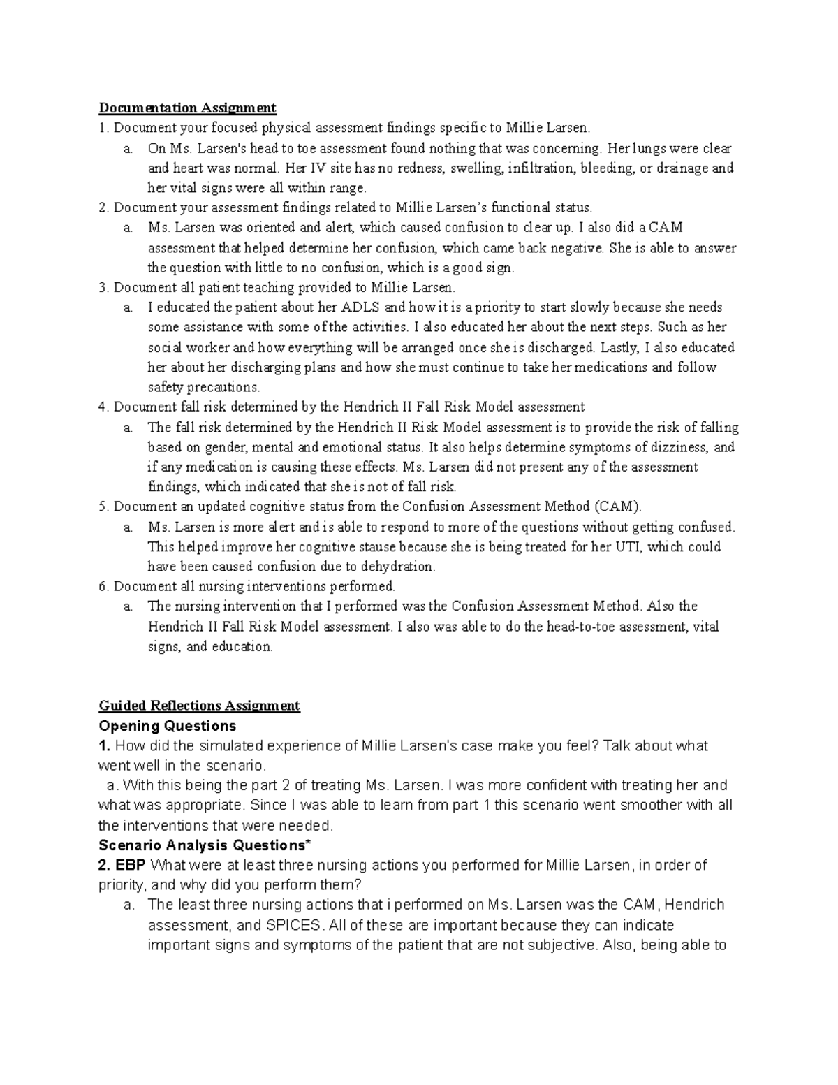 Nursing Assessment and Care Plan for Millie Larsen - Documentation ...