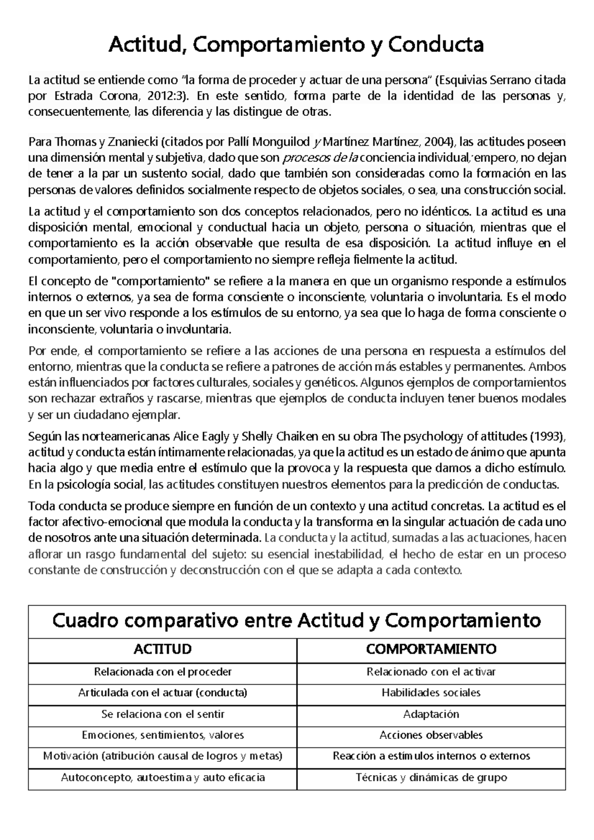 Actitud, Comportamiento y Conducta: Análisis y Comparación - Studocu