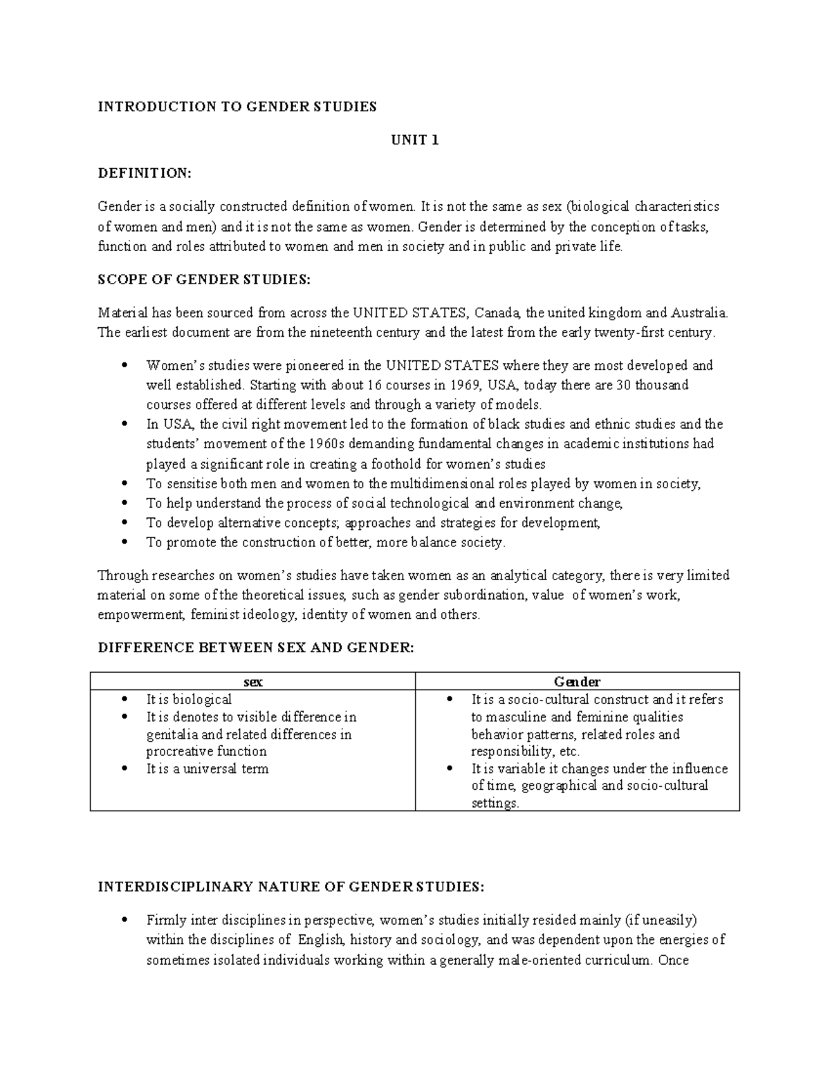 Introduction to Gender Studies (Course Code: GDS101) - Key Concepts and ...