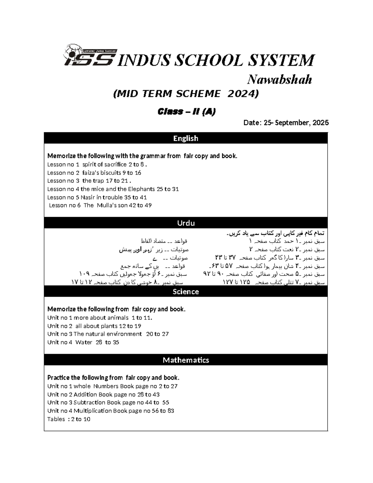 INDUS SCHOOL SYSTEM (MID TERM SCHEME 2024) Class II (A) Study Guide ...