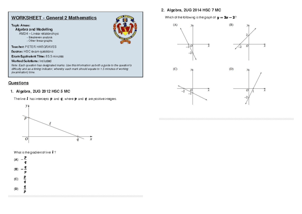 Algebra, 2UG 2014 HSC 7 MC Worksheet on Linear Relationships and ...