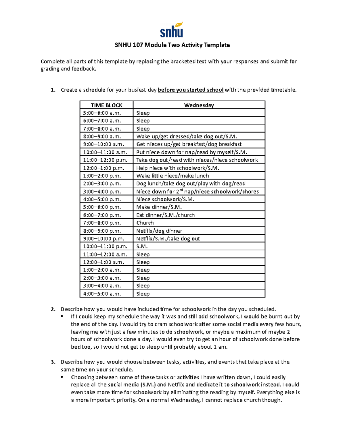 MOD 2 personal scheduling - SNHU 107 Module Two Activity Template ...