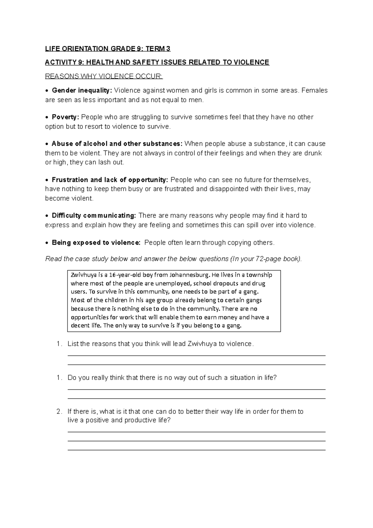 Grade 9 LO UNIT 5 - Term 3: Health & Safety Issues on Violence - Studocu