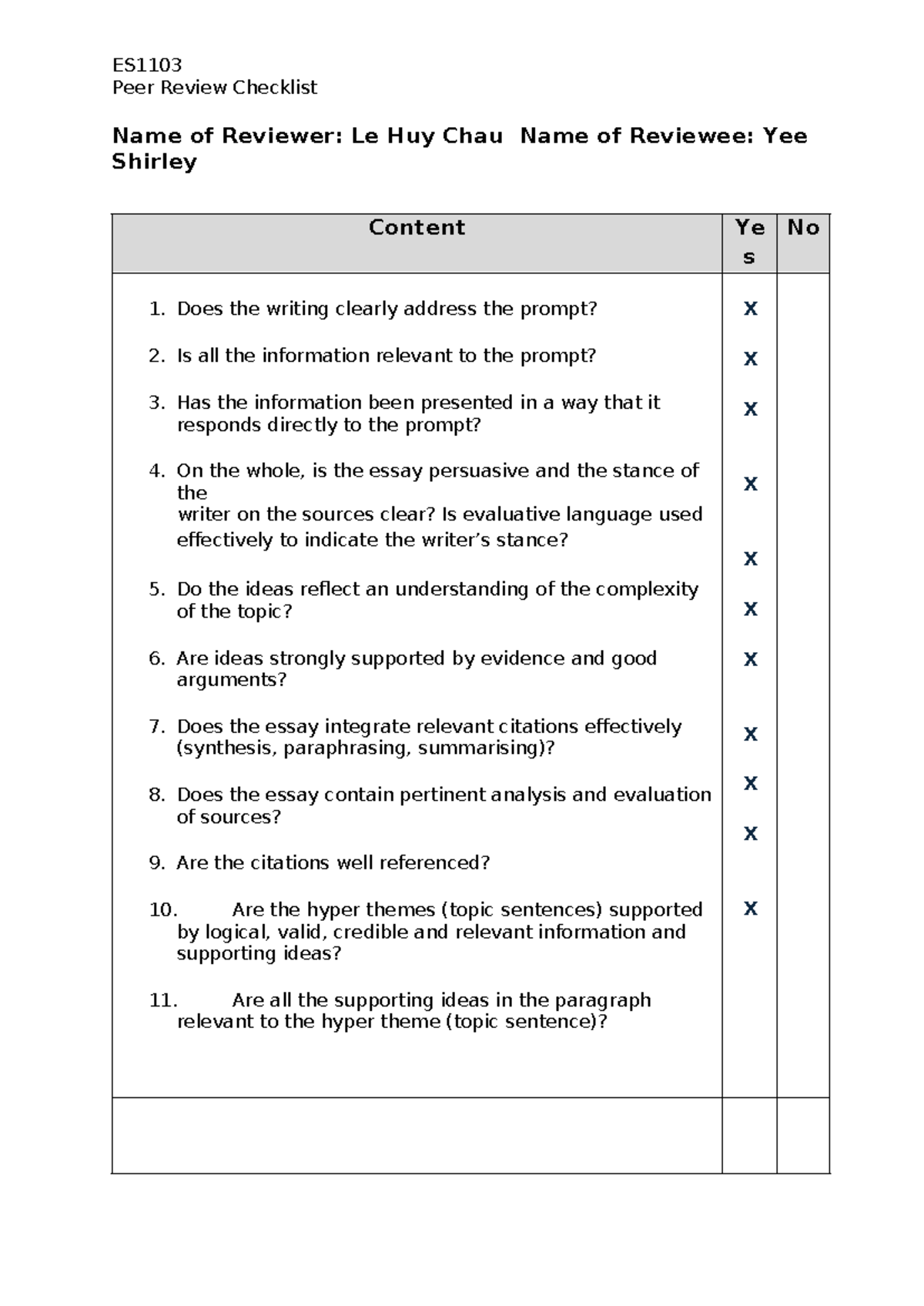 Peer Review Checklist for Essay Evaluation - ES - Studocu