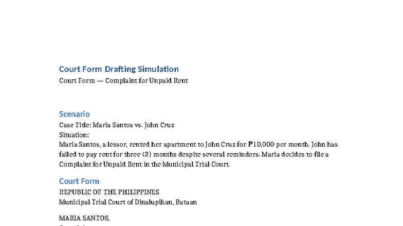 Court Form Drafting Simulation: Complaint for Unpaid Rent (Case: Santos ...