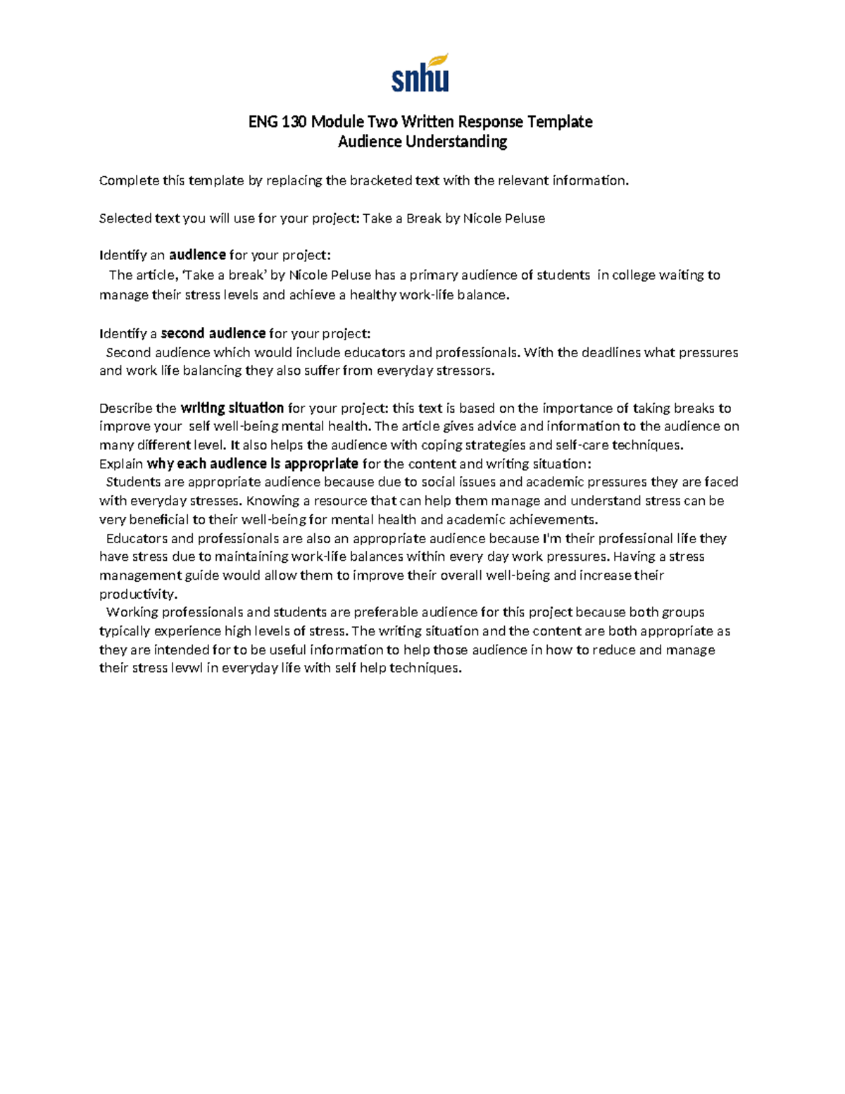 ENG 130 Module 2-2 Written Response: Audience Analysis Template - Studocu