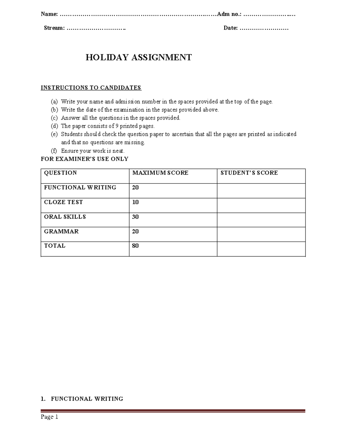 Holiday Assignment - practical quiz - Name: - Studocu