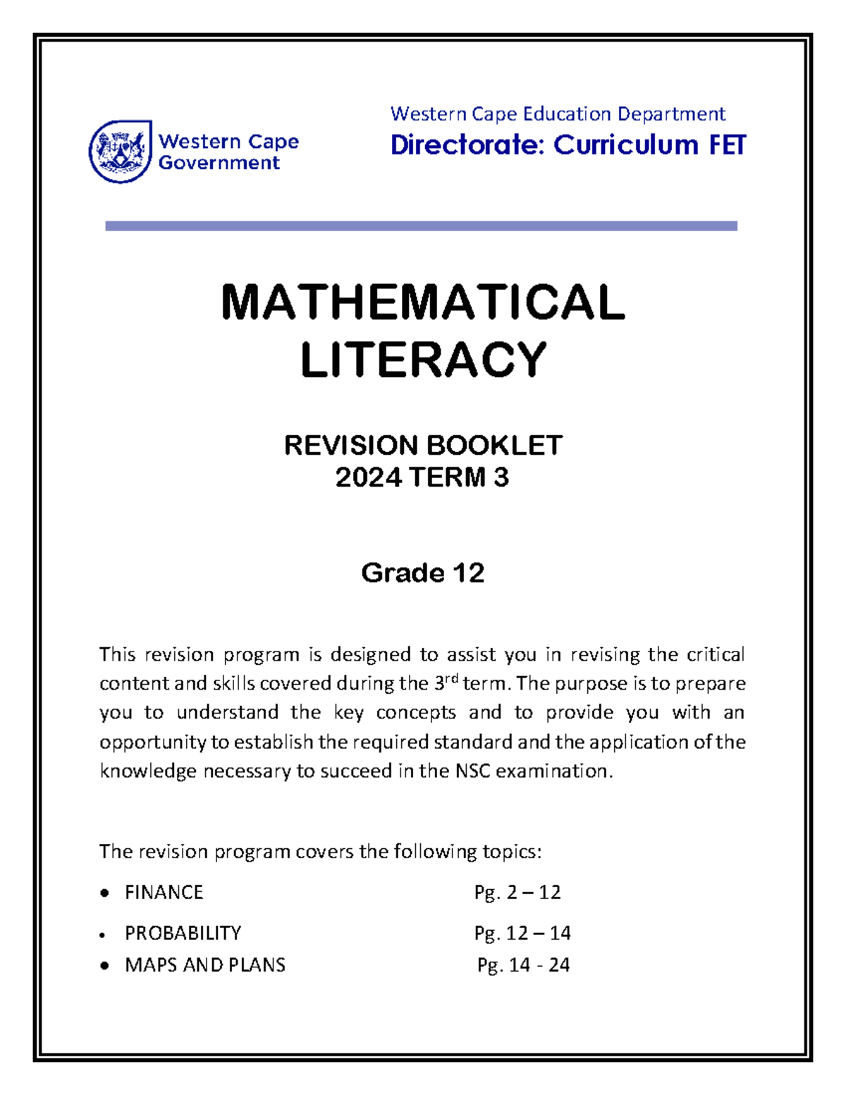 Mathematical Literacy Grade 12 Term 3 Revision Guide 2024 - Studocu
