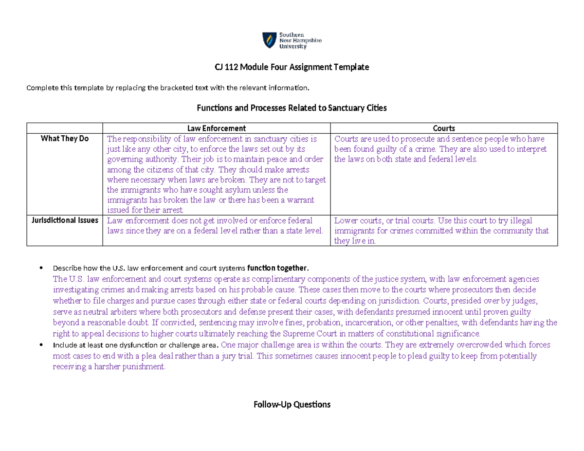CJ 112 Module Four Assignment: Functions of Law Enforcement in ...