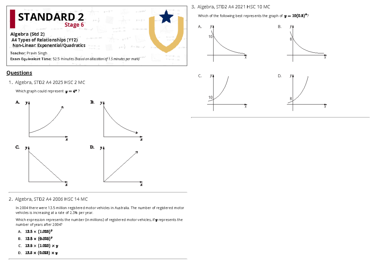 Algebra, STD2 A4 2021 HSC Exam Review: Non-Linear & Exponential ...