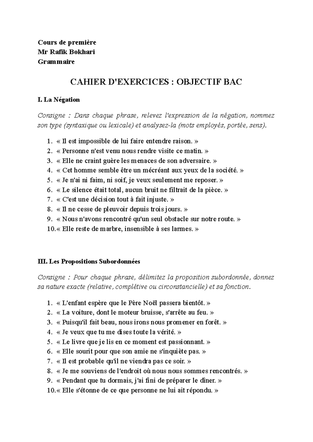 Cahier de Grammaire CAHIER : Objectif BAC - Négation et Propositions ...