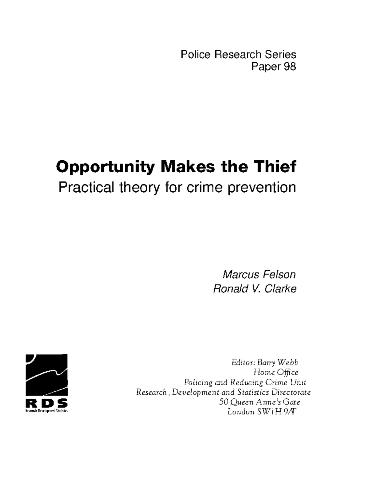 Police Research Series Paper 98: Opportunity and Crime Prevention ...