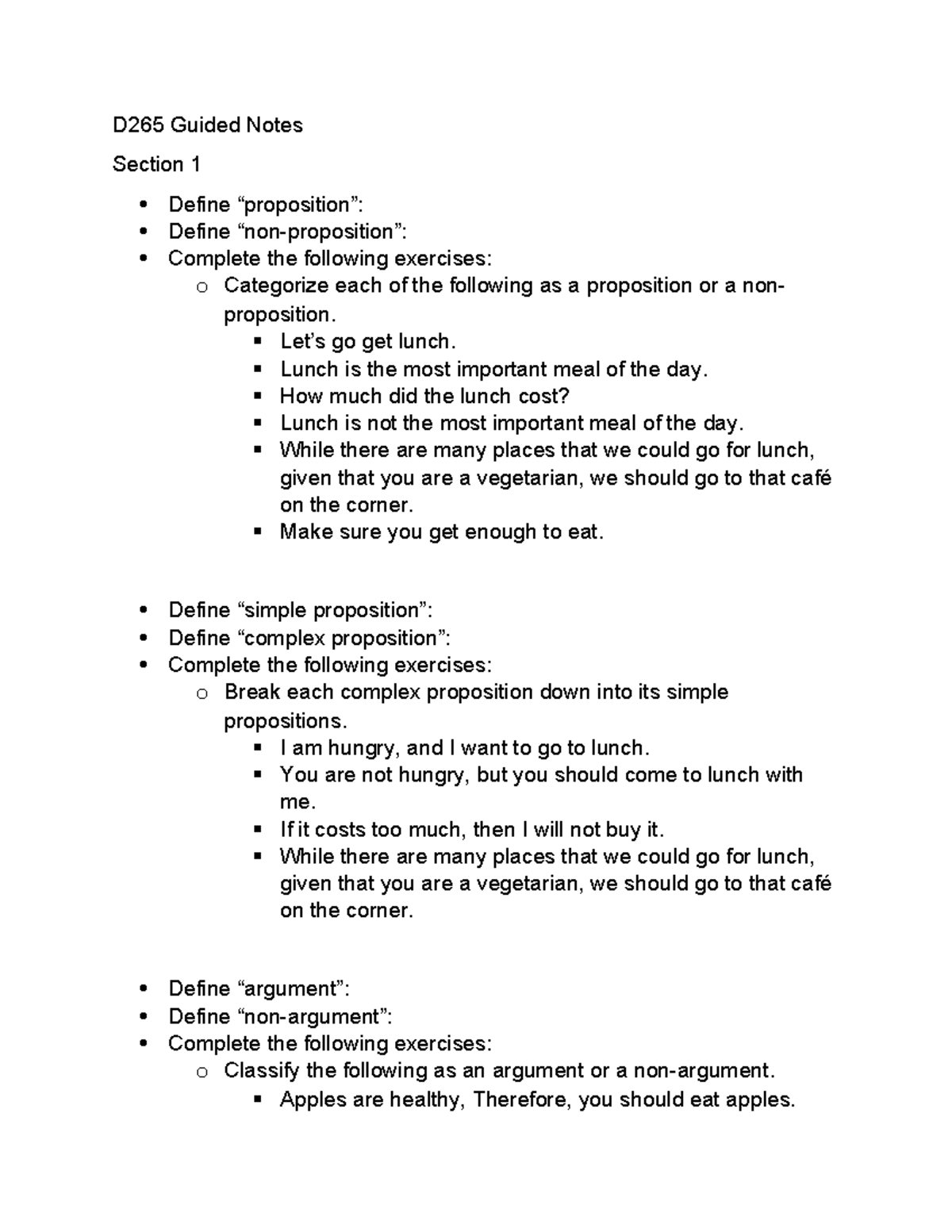 D265 Guided Notes - D265 Guided Notes Section 1 Define “proposition ...