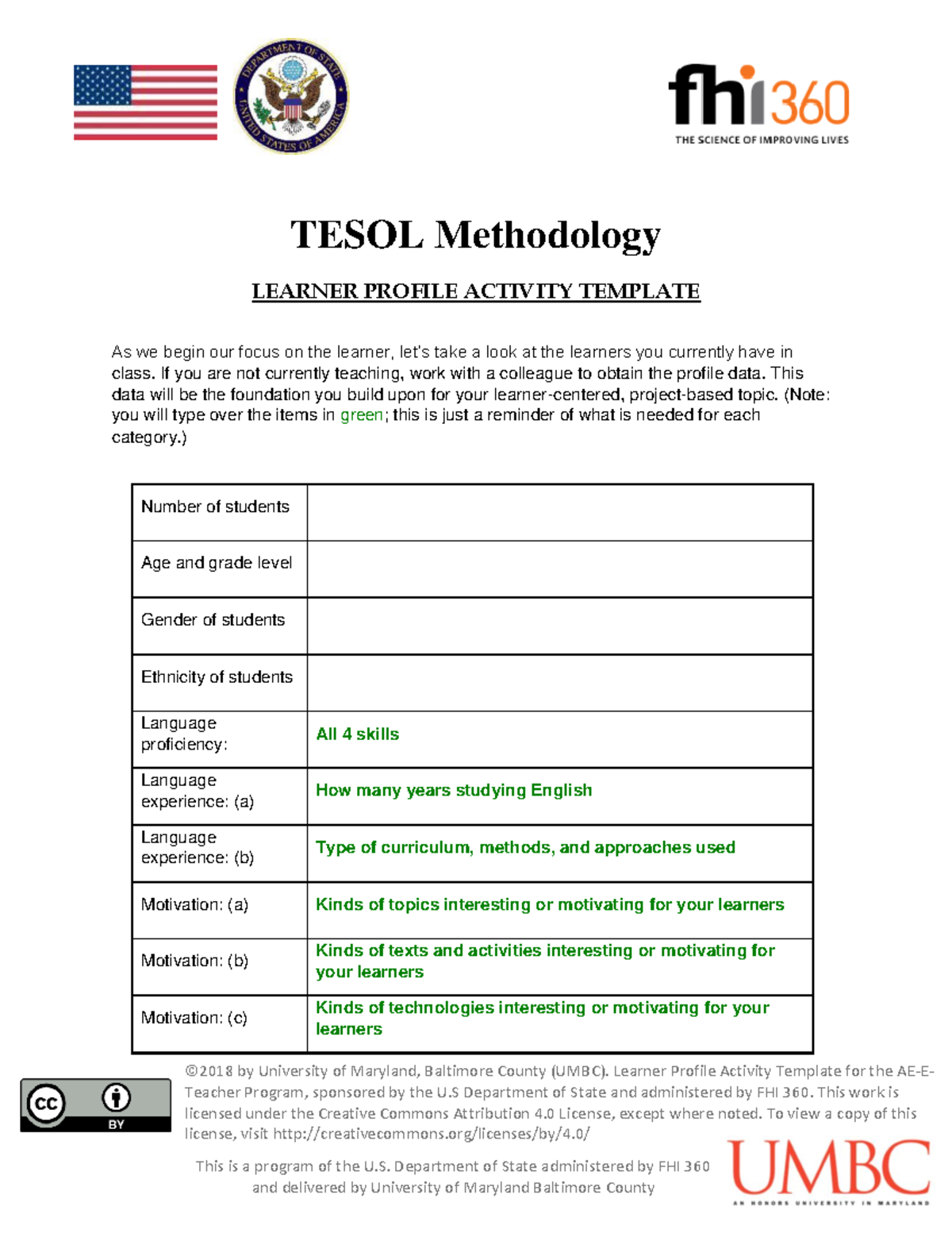 TESOL Methodology: Learner Profile Activity Template - Studocu