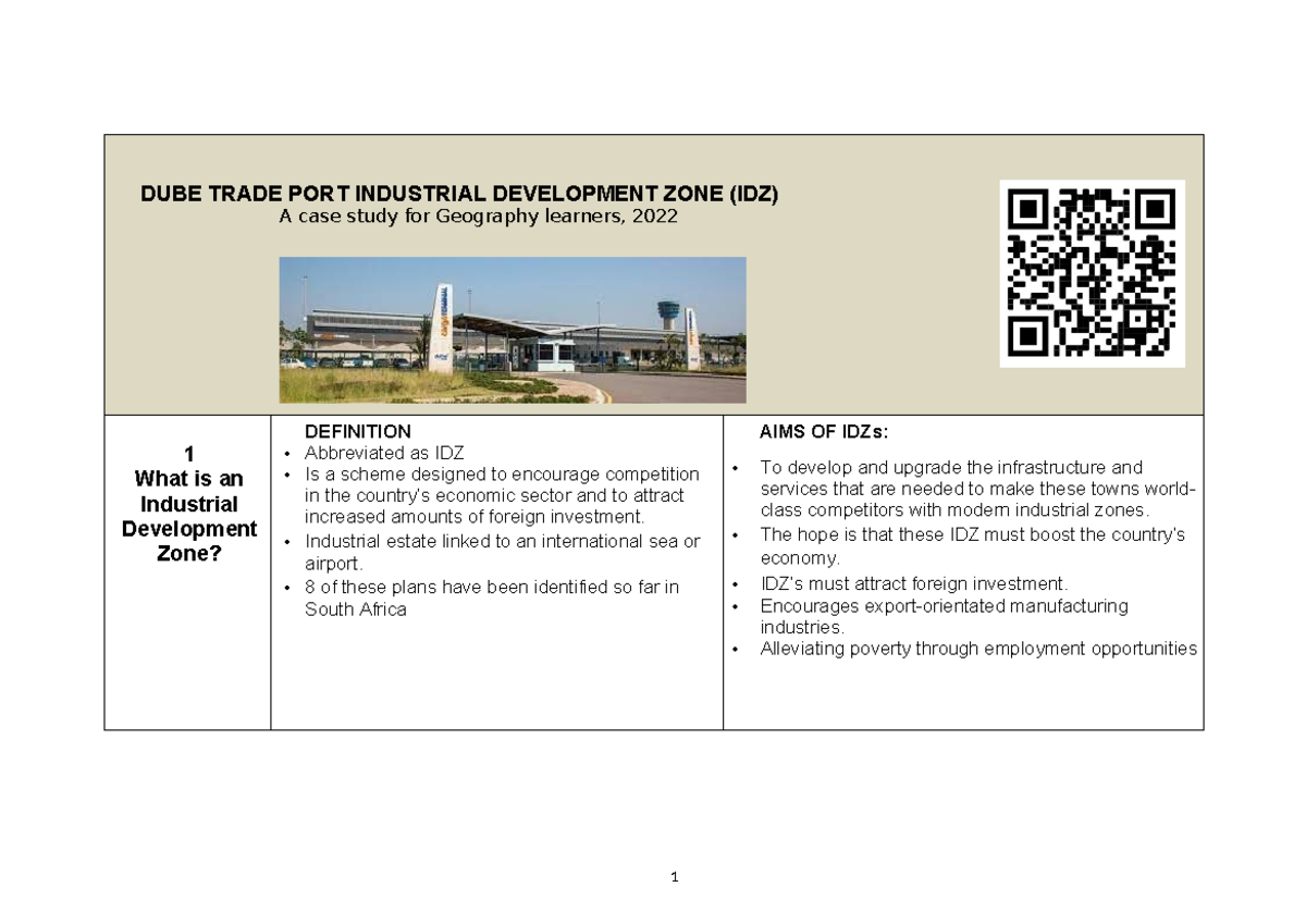 DUBE Trade Port IDZ Case Study for Geography Learners 2022 - Studocu