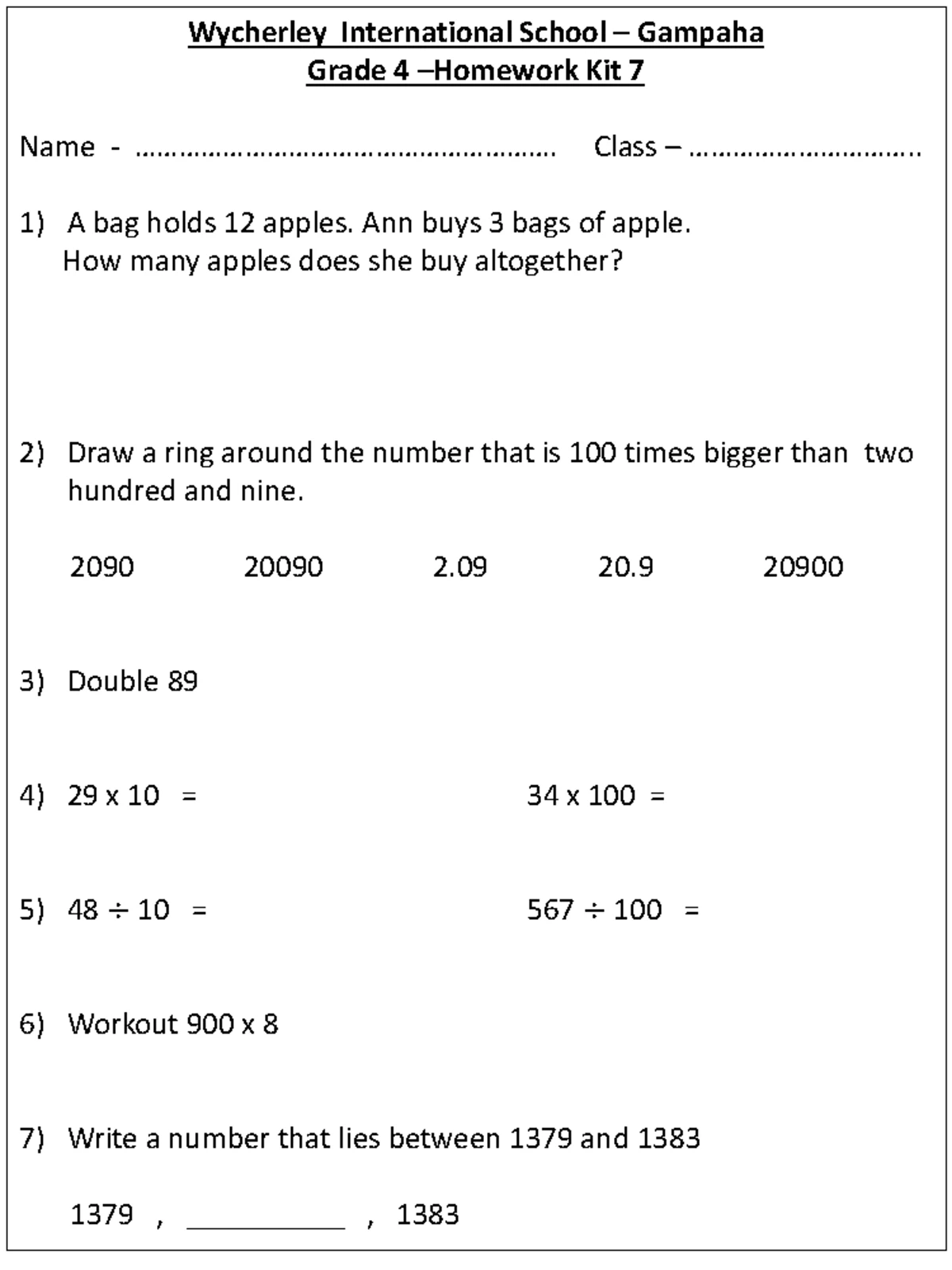 Grade 4 Math Homework Kit 4 - Wycherley Int. School Gampaha - Studocu