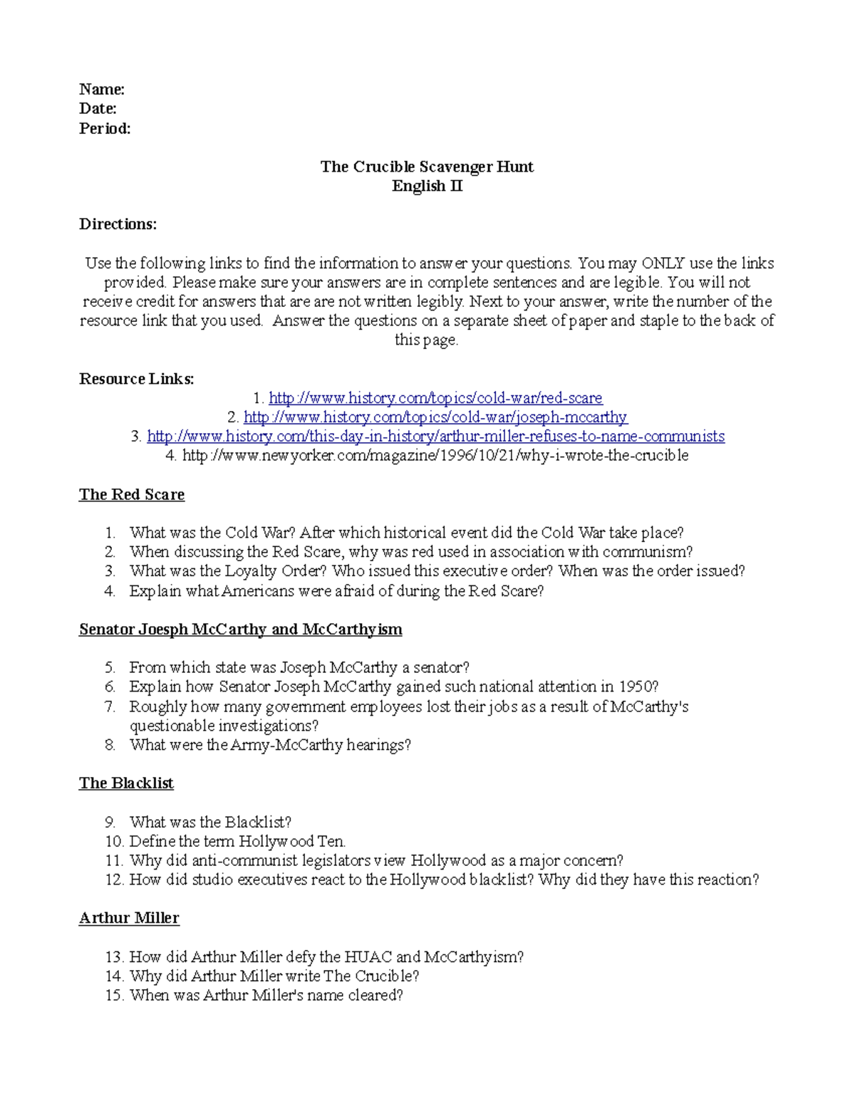 English II: The Crucible Scavenger Hunt Guide - Studocu