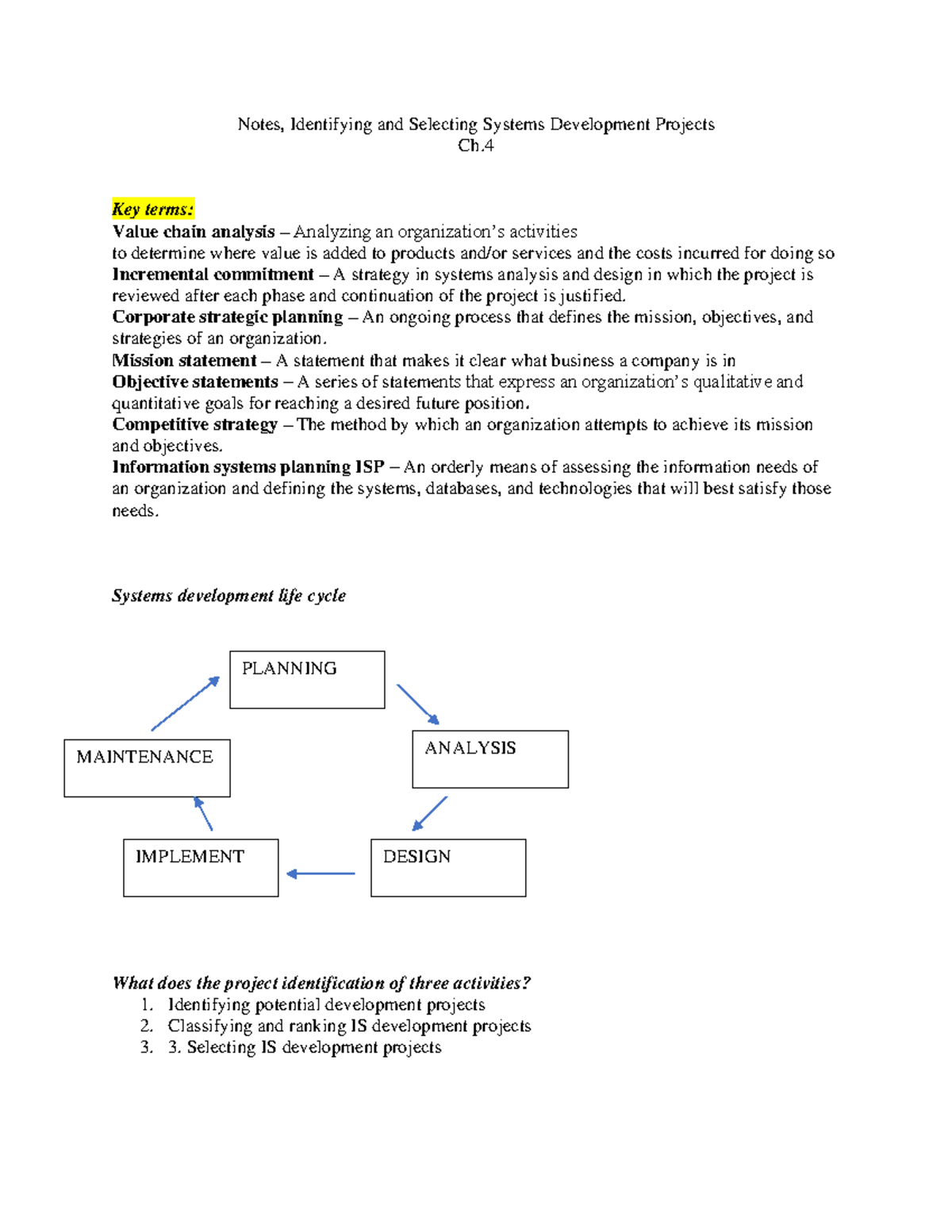 Notes ch 4 - Notes, Identifying and Selecting Systems Development ...